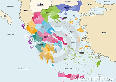 Vector Map Of Greece Provinces Colored By Regions With Neighbouring ...