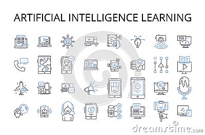 Artificial Intelligence Learning Line Icons Collection. Machine Learning, Cognitive Computing ...