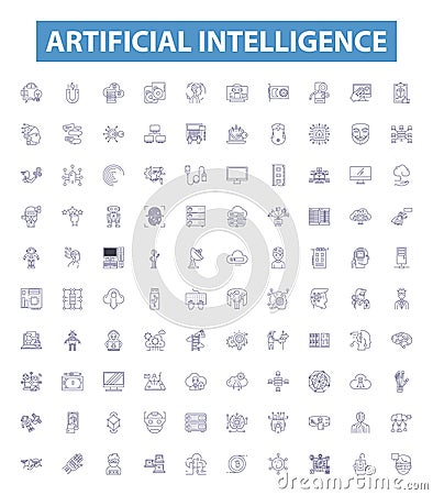 Artificial Intelligence Line Icons, Signs Set. AI, Robotics, Machine Learning, Automation ...