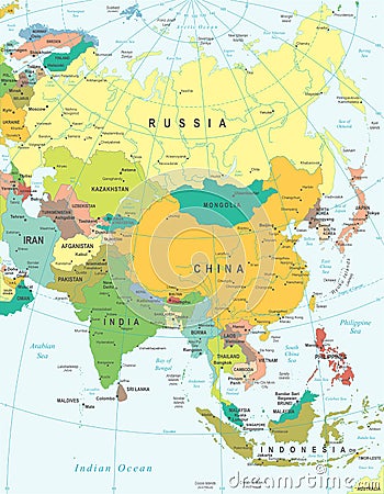 Asia - Map - Illustration. Colored And Grid. Stock Vector - Image: 57052808