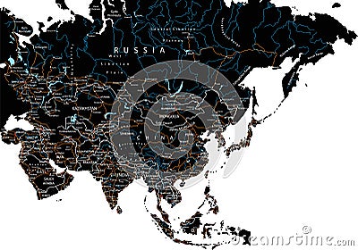 High Detailed Asia Road Map With Labeling - Black. Cartoon Vector ...