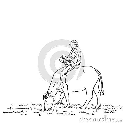 Asian Farmer Man Is Riding Buffalo Linear Sketch Cartoon Vector ...