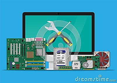 Assembling And Service PC. Computer Hardware. Cartoon Vector ...