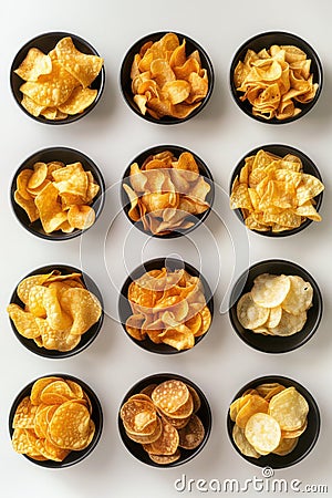 Assorted Bowls Of Crispy Potato Chips In Various Flavors Displayed In A ...