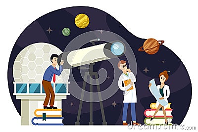 Astronomers Scientists Study Space Illustration. Observation Planets ...