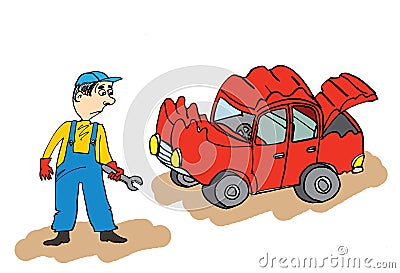 Auto Mechanic With Broken Car. Stock Illustration - Image: 48804790