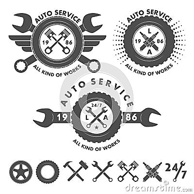 Auto Service Labels Emblems And Logo Elements Cartoon Vector ...