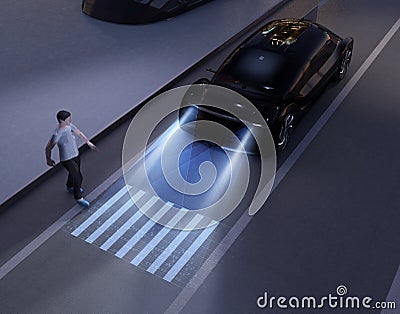 Autonomous Car Communicating With Pedestrian At Crosswalk Sign Stock ...