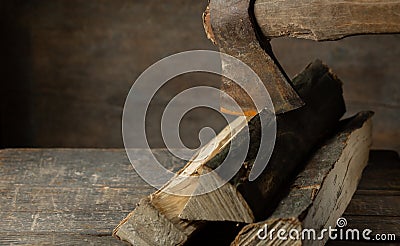 An Ax Is Cut Into A Log Of Firewood For A Firebox On A Wooden Texture ...