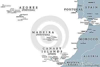 Azores, Madeira, And Canary Islands, Autonomous Regions, Gray Political ...