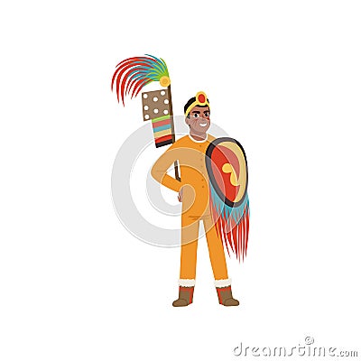 Aztec Warrior Man Character In Traditional Clothes With Spear And ...
