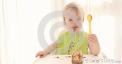 Baby Getting Messy Eating Chocolate Pudding Stock Video - Video of ...