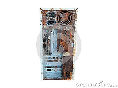 Back Of Old Rusty Computer Case Isolated On White Background. E-waste ...