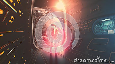 Back View of Astronaut Looks To the Planet through Panoramic Window ...