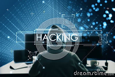 Back View Of Hacker At Desktop Using Computers With Blue Global ...