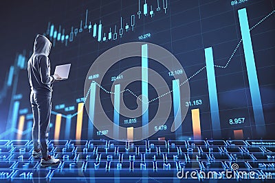 Back View Of Hacker Using Notebook With Abstract Image Of Glowing Digital Keyboard With Map And ...