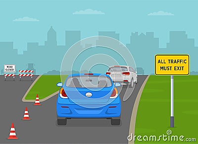 Back View Of A Traffic Flow Exiting The Expressway. "All Traffic Must ...