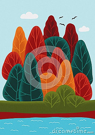 Background With Forest Illustration. Lots Of Red Trees Background ...