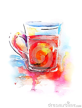 Background With Painted Watercolor Tea In Glass Vector Illustration ...