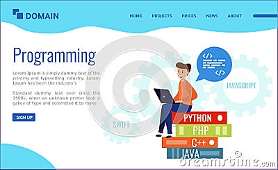 Background For The Programming Landing Page. Programmer Sits On A Stack Vector Illustration ...