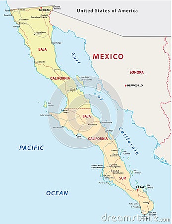 Baja California Road And Administrative Map Vector Illustration ...
