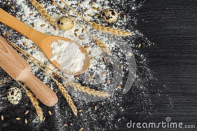 Bakery Background Top View. Rolling Pin, Quail Eggs And Spoon With ...