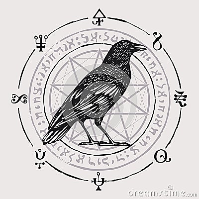 Banner With Hand-drawn Raven And Sorcery Signs Cartoon Vector ...