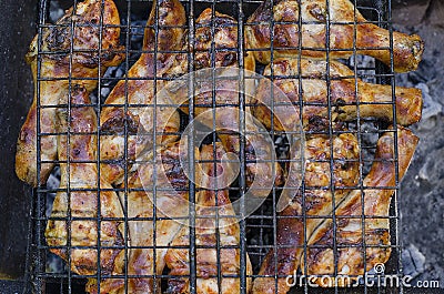 Barbecue: Pieces Of Chicken Meat On The Grill Over The Coals Royalty ...