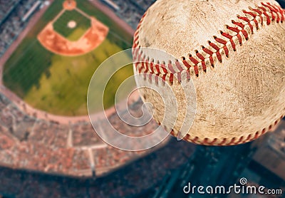 Baseball Flying Through The Air With Stadium In The Background Royalty ...