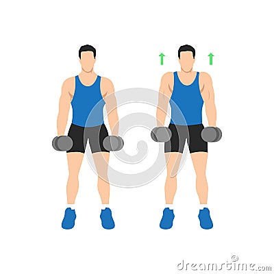 Man Doing Dumbbell Shrugs Front View Exercise. Cartoon Vector ...