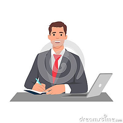 Young Man Sit At Desk Working On Laptop Making Notes On Paper. Cartoon ...