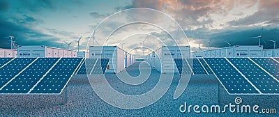 Battery Storage Power Station Accompanied By Solar And Wind Turbine ...