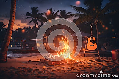 A Beachside Bonfire With Music And Dancing Realistic Tropical ...
