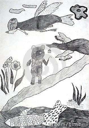 Bear, bird and fish - Stock Image - Everypixel