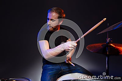 Bearded Man Drummer With Closed Eyes Sitting And Playing Drums Royalty ...