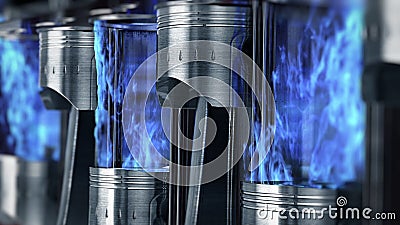 A Close-up of Engine in Slow Motion with a Blue Explosions of Fuel ...