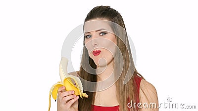 Beautiful Girl Eats Banana on White Background Stock Video - Video of ...