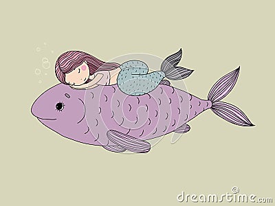 Beautiful Little Mermaid And Big Fish. Vector Illustration ...