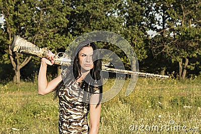 Beautiful Woman Hunter With Rifle Stock Photo - Image: 57577757