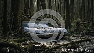 Abandoned Bed In Post-apocalyptic Forest: A Haunting Image Stock Photo ...