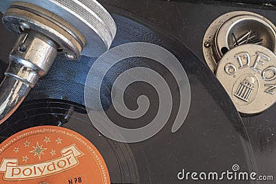 Historic Shellac Disc By Polydor With A Part Of The Pickup And A Box ...