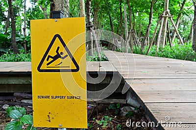 Beware Slippery Surface Warning Sign At The Walkway Stock Photography ...