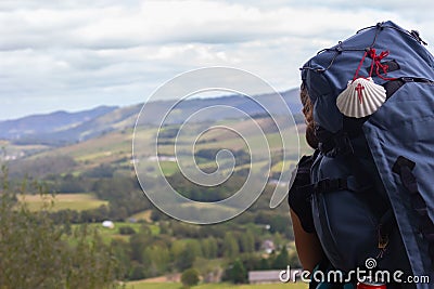 Big Backpack With Pilgrim Shell On Mountain Background. Pilgrimage ...