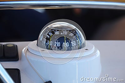 A Big Compass On A Boat Showing Direction. Harbor Background. Royalty ...
