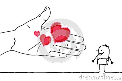 Big Hand And Cartoon Character - Offering Hearts Vector Illustration ...