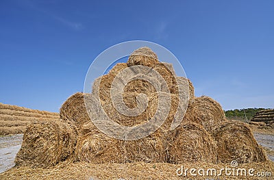 Big Haystack From Round Bales Laid In The Form Of A Pyramid Against The ...