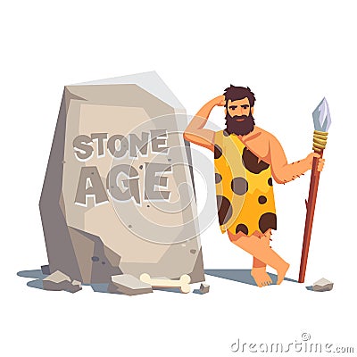 Big Tablet Rock With Leaning Caveman Cartoon Vector | CartoonDealer.com ...