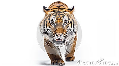 Big Tiger Walking And Baring Teeth, Front View, On White Background ...