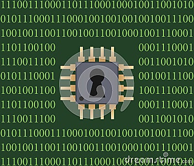 Binary Digit Data Encryption Vector Illustration With A Microprocessor, Lock, And Green Digital ...