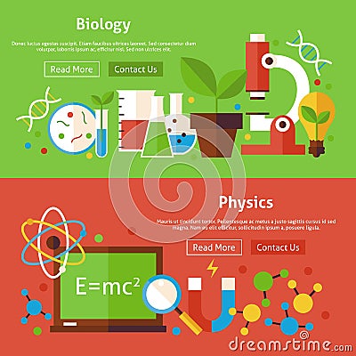 Biology And Physics Science Flat Website Banners Set Stock Vector ...